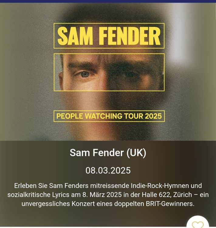 2 Stehplätze Sam Fender Zürich 08.03.2025 (Neu und originalverpackt) in ...