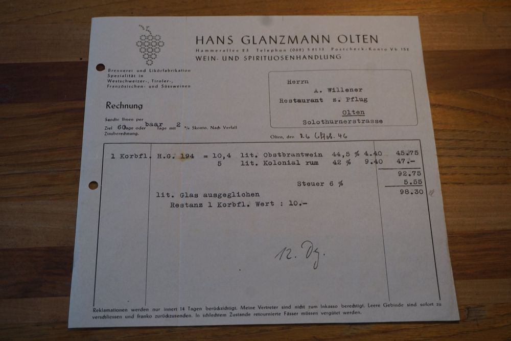 Alte Rechnung H.Glanzmann Wein-u.Spirituosenha.Olten 1946!!! (Gebraucht ...