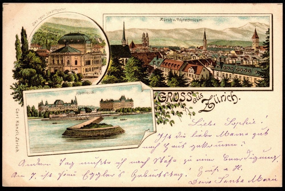 AK Gruss aus Zürich 1899 farb Litho Theater, Alpenquai,... | Kaufen auf Ricardo