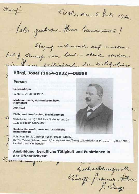 Arth 1930: J.Bürgi-Gretener Söhne,Nationalrat, Viehhandel (Gebraucht ...