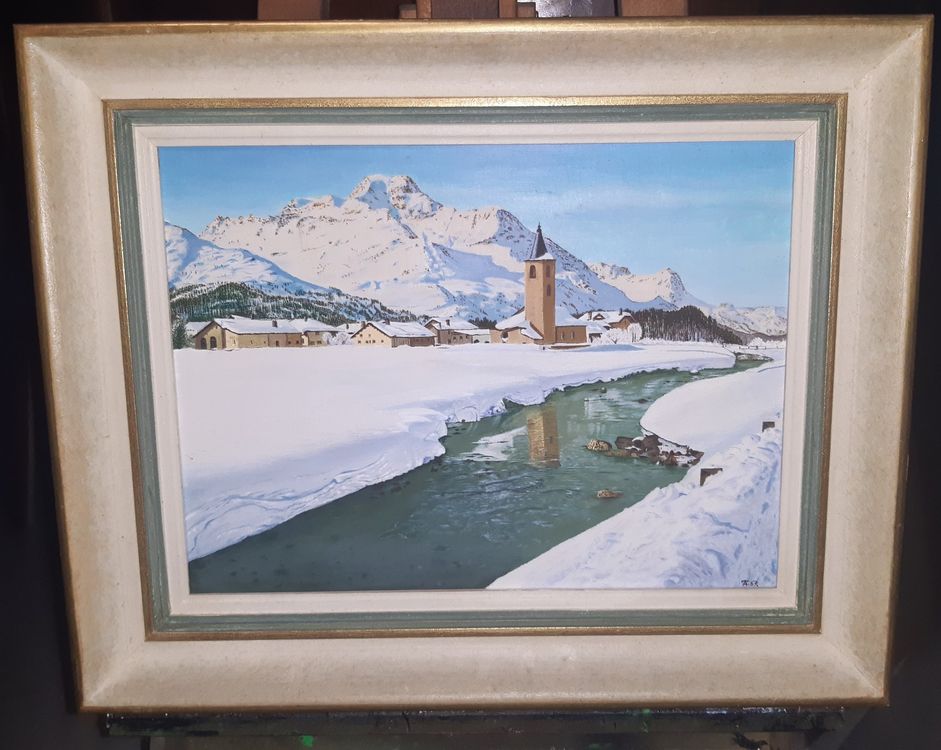 Winterbild signiert mit Dorf und Kirche | Kaufen auf Ricardo