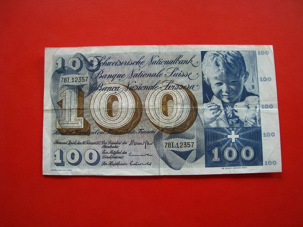 100 Franken-Note 1971, gefaltet, Hl. Sankt Martin (Gebraucht) in ...