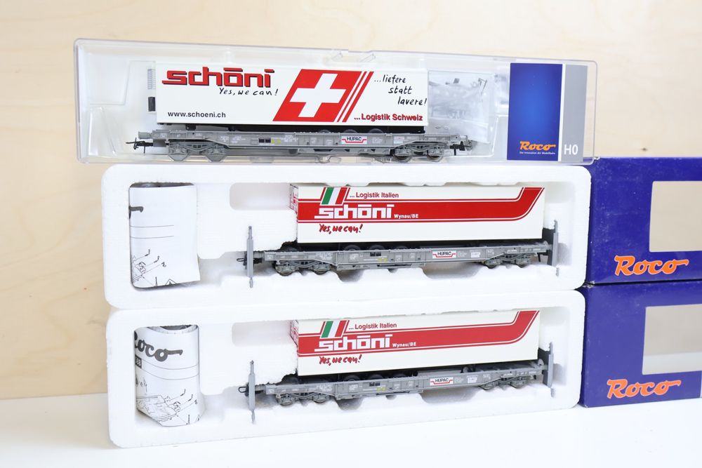 ROCO 3 x SBB HUPAC Taschenwagen H0 66588 Schöni NP: 200.- (Gebraucht ...