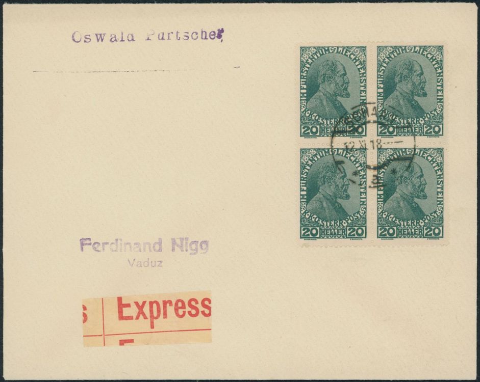 FL - 1918 - Jubiläum - Viererblock - Ersttagsbrief FDC ET (Gebraucht) in Schindellegi für CHF ...