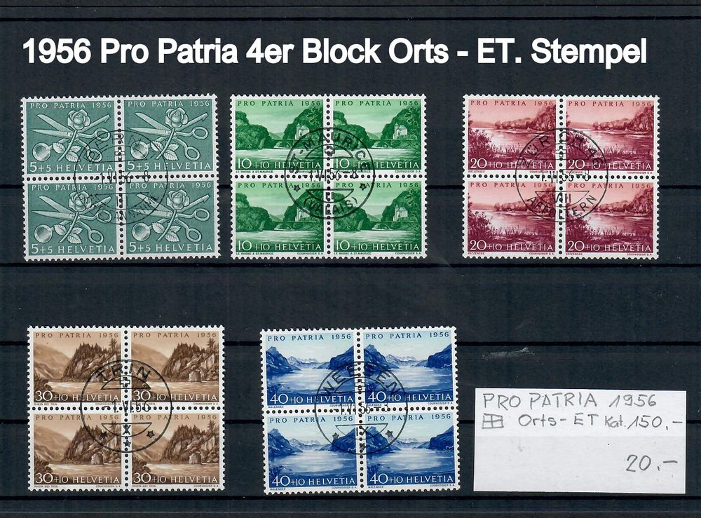 1956 Pro Patria 4er Block Serie alle mit Orts Stempel (Gebraucht) in Bützberg für CHF 15 – mit ...