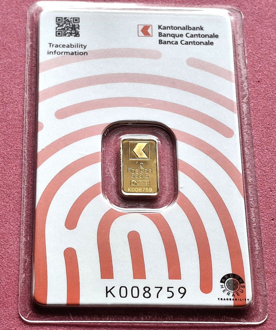 BERNER KANTONALBANK - 1 GRAMM - N° K 8759 - OVP (Gebraucht) in Boniswil für CHF 148 – mit ...