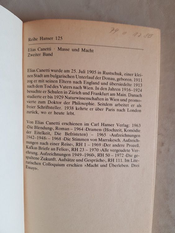 Elias Canetti - Masse und Macht - Reihe Hanser 1960 2. Band (Gebraucht ...