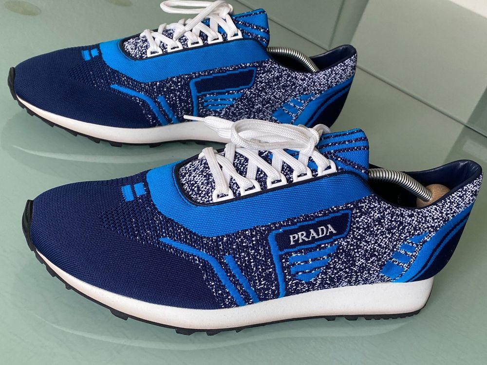 PRADA Calzature Azzuro Knit Leder Low Top Sneakers 44 NEUE (Neu (gemäss ...