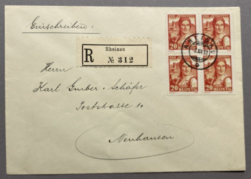 PJ67 E-Brief Viererblock Rheinau, Bedarfsfrankatur SBK 45.- (Gebraucht ...