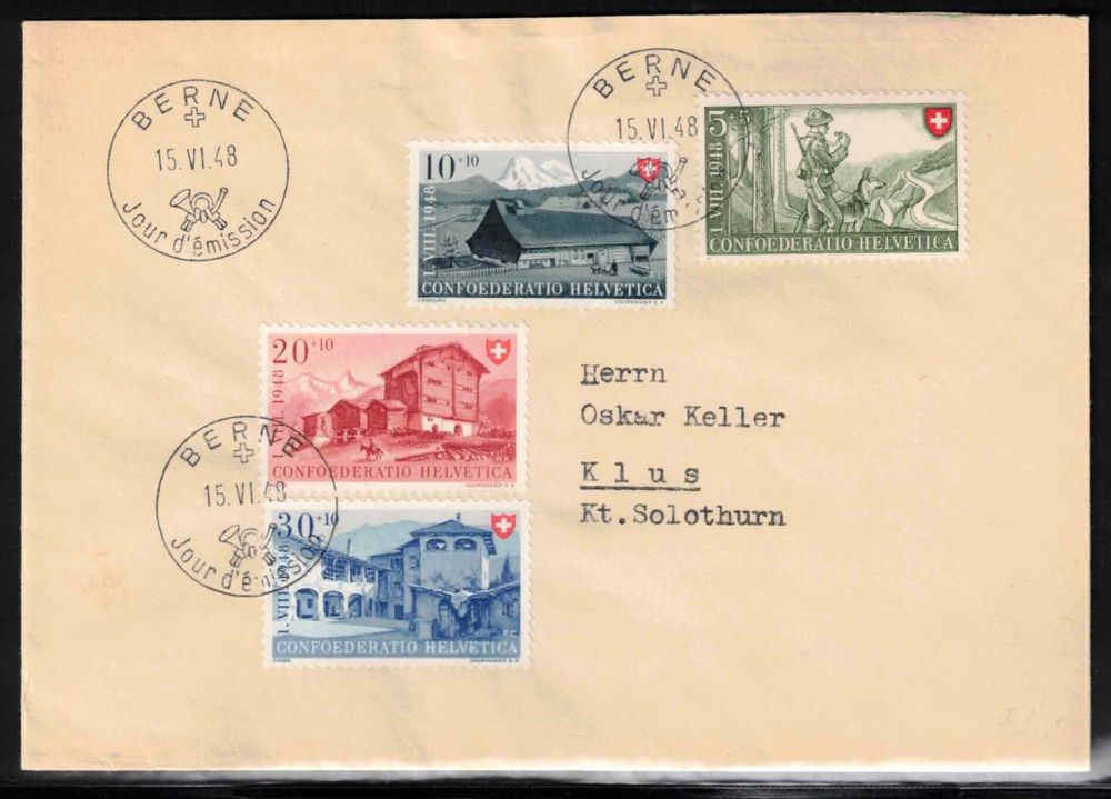Pro Patria 1948 FDC französisch Ersttag "BERNE 15.VI.48" (Neu (gemäss Beschreibung)) in Nuglar ...