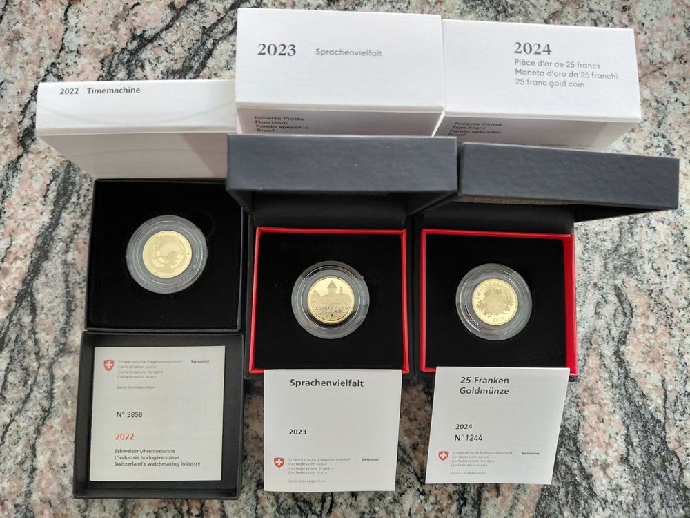 Set 25-Franken-Goldmünzen 2022 - 2024 (Neu und originalverpackt) in Nänikon für CHF 1700 – mit ...