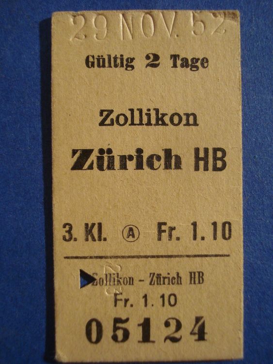 SBB - 29.11.1952 - ZOLLIKON - ZÜRICH HB - 3.Klasse | Kaufen auf Ricardo