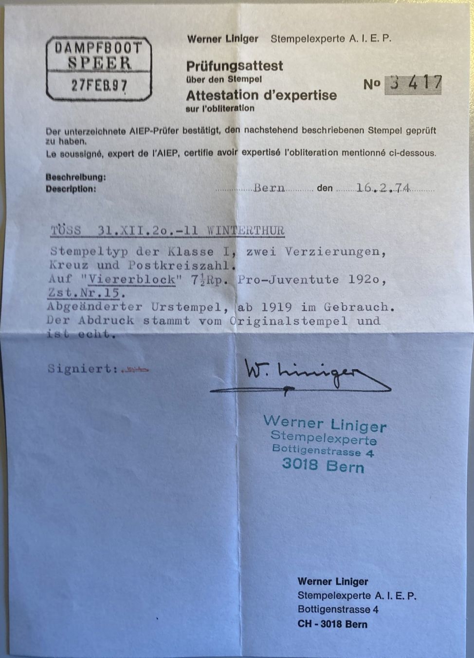 PJ 1920 Viererblock Serie gestempelt, Attest, SBK 900 Fr. (Gebraucht ...