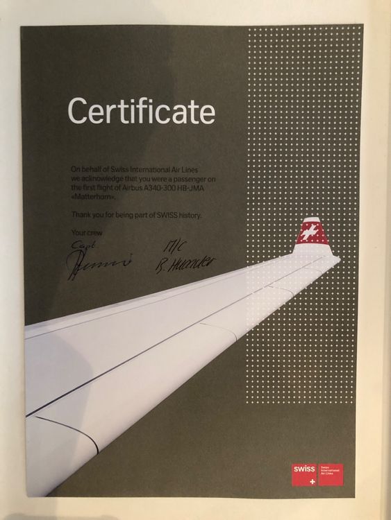 Swiss A340 First Flight Certificate HB-JMA | Kaufen auf Ricardo