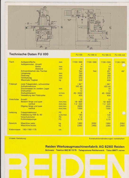 REIDEN FU 100 Fräsmaschine (Gebraucht) in Münchenstein für CHF 6500 ...