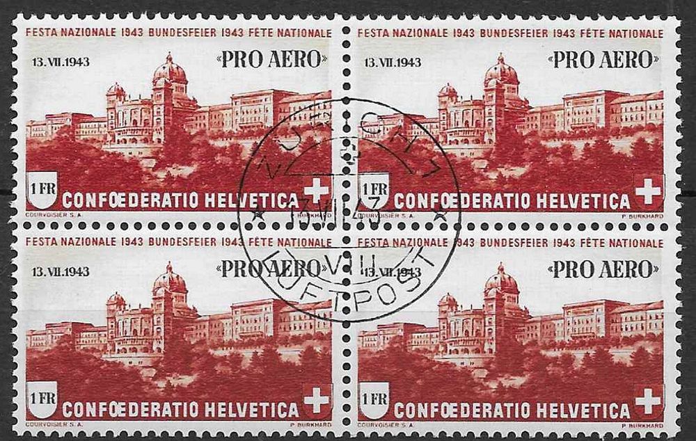 1943: Flugpost Pro Aero Nr.F36 Viererblock St.Zürich (Gebraucht) in Walperswil für CHF 9 – mit ...