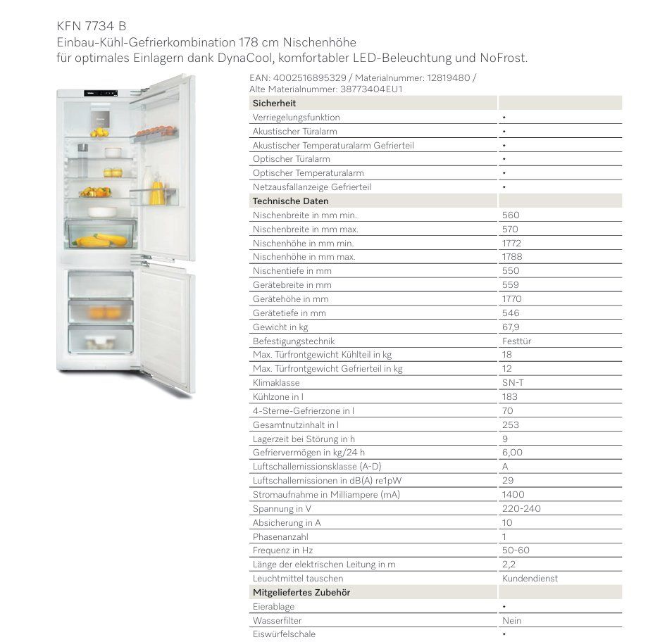 005 Miele KFN 7734 B Einbau-Kühl-Gefrierkombination 178x60cm (Neuf ...