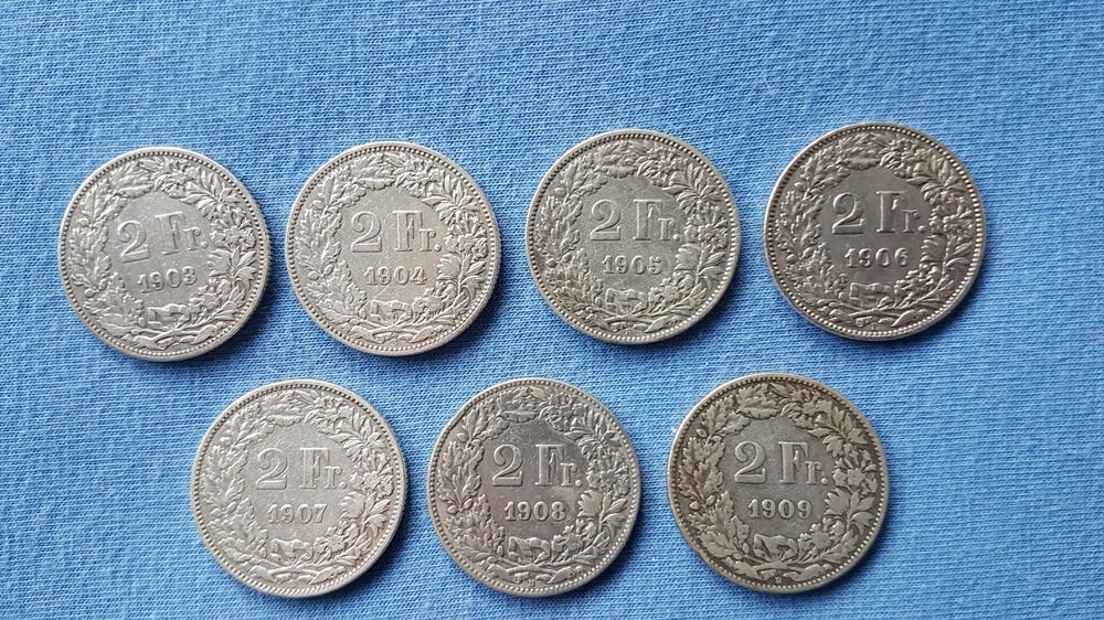 7 x 2 Fr Silbermünzen 1903 bis 1909 komplett ab nur 1 Fr !! | Kaufen auf Ricardo