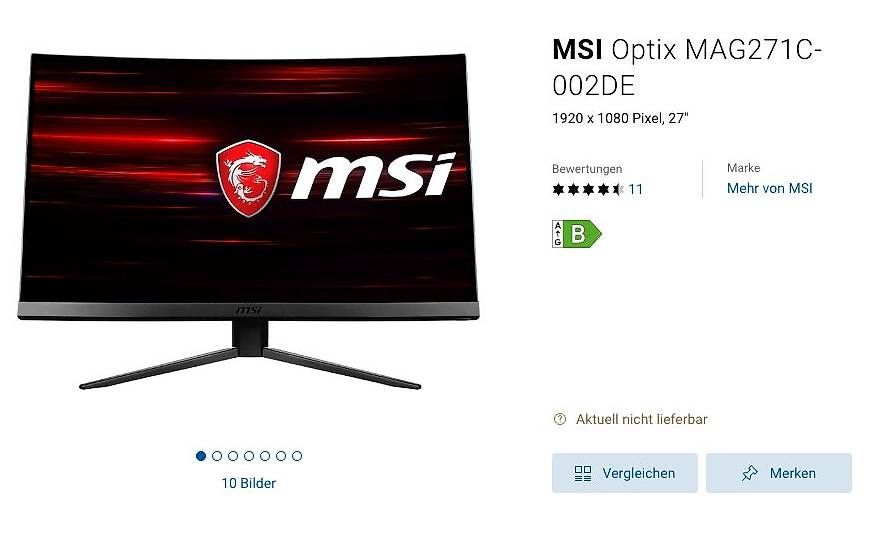 Gaming Laptop: MSI Optix MAG271C-002DE 1920x1080 Pixel, 27'' (Gebraucht ...