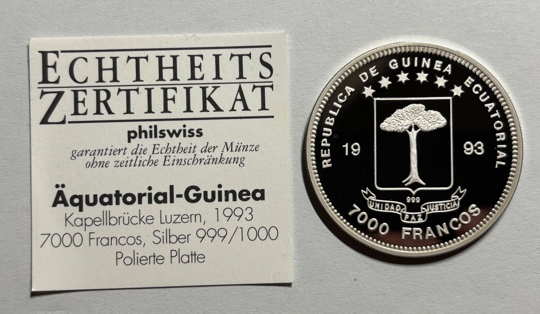 Münze Äquatorial Guinea Kapellbrücke Luzern silber 1993 (Neu (gemäss Beschreibung)) in Esslingen ...