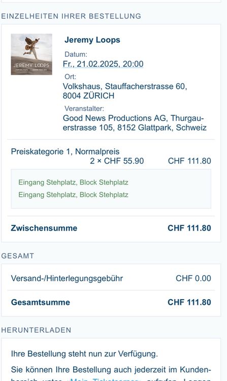 1 oder 2 Jeremy Loops Tickets für Volkshaus Zürich (Neu (gemäss ...