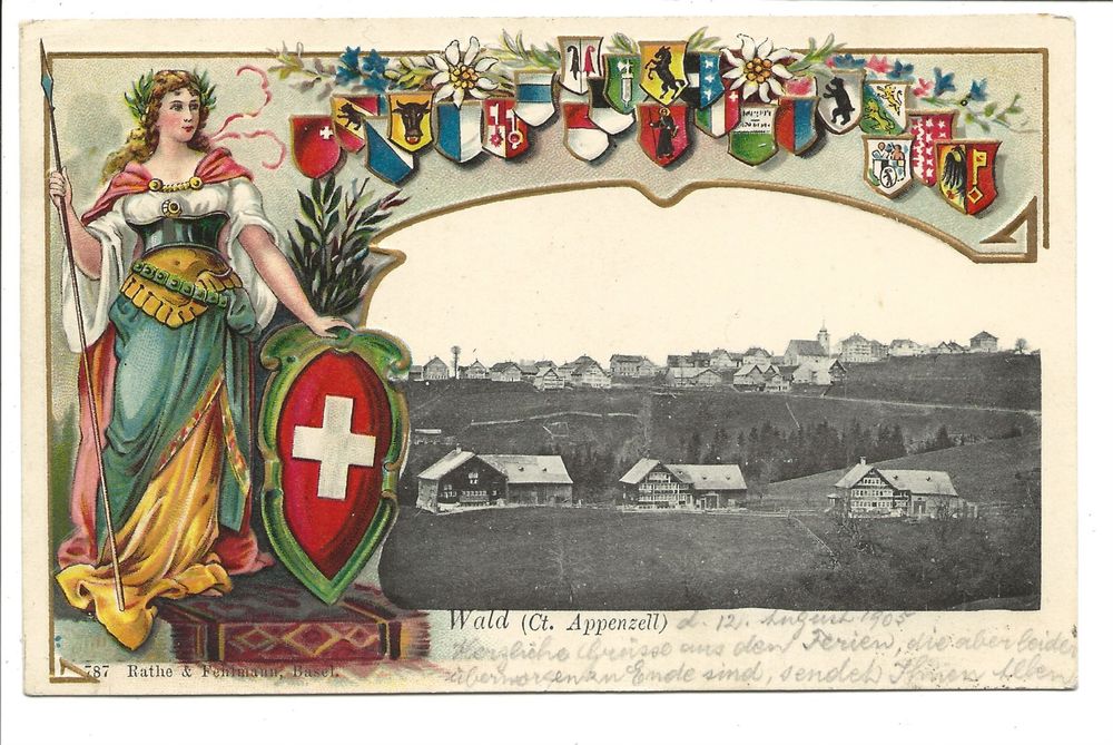 Wald (AR) Helvetia - Wappen - tolle Passepartout-Litho 1905 (Gebraucht ...