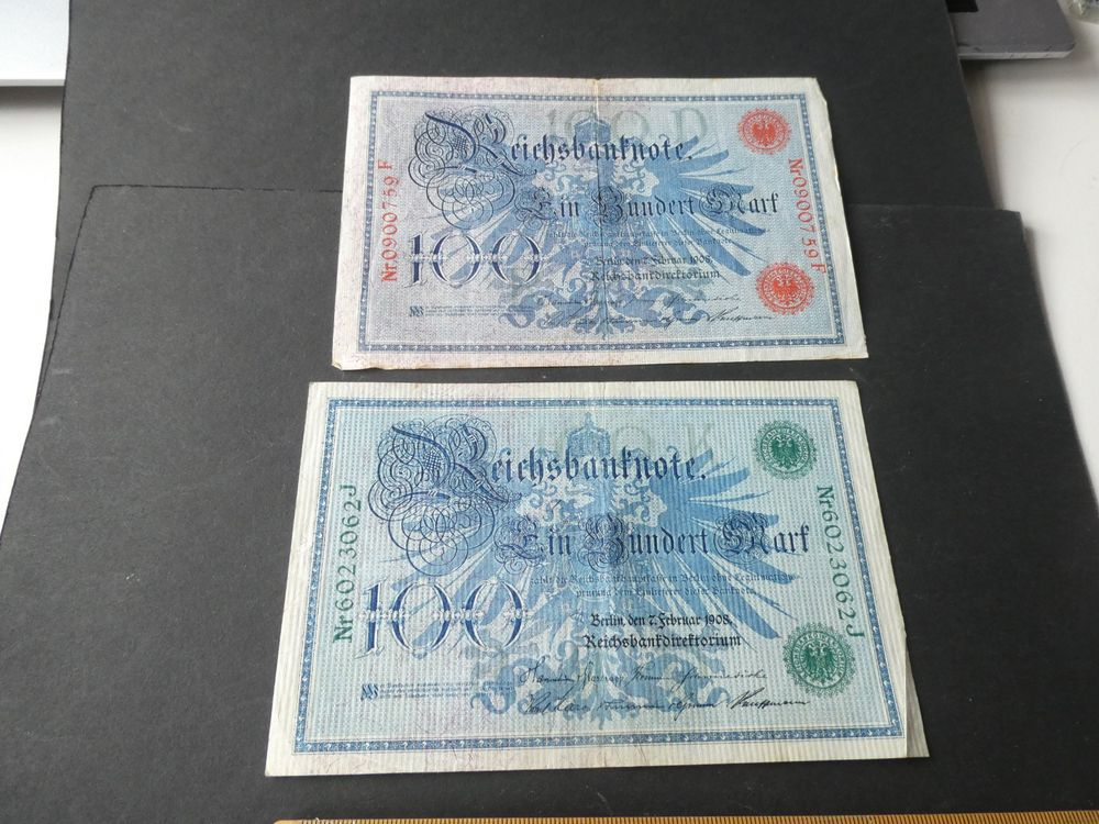 Dt. Reich 1908, Set 2 x 100 Mark - Sigel rot und grün (Gebraucht) in Hinterforst für CHF 3 – mit ...
