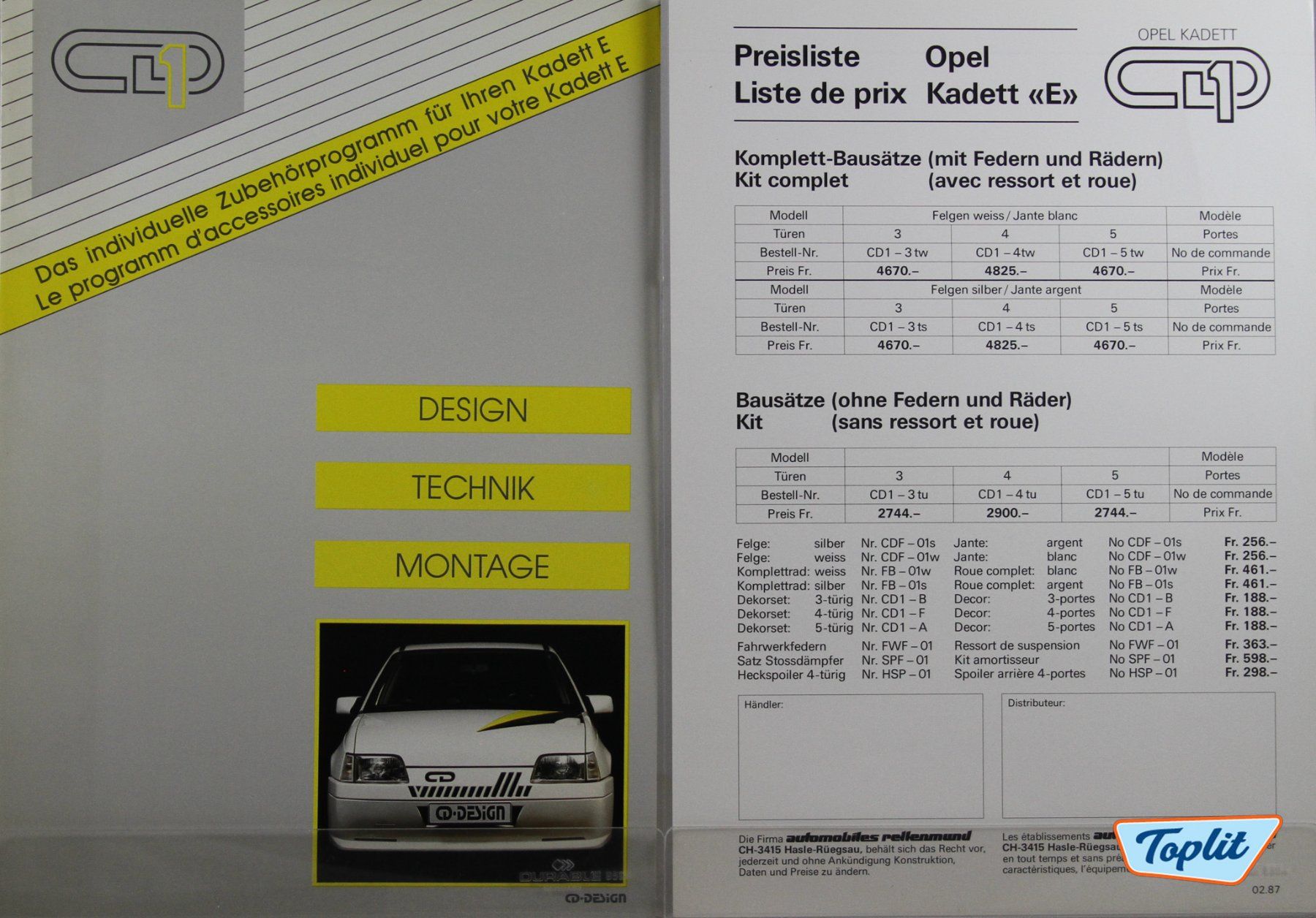 PROSPEKT & PREISLISTE - OPEL KADETT E - CD1 - AB 02.1987 (Gebraucht) in ...