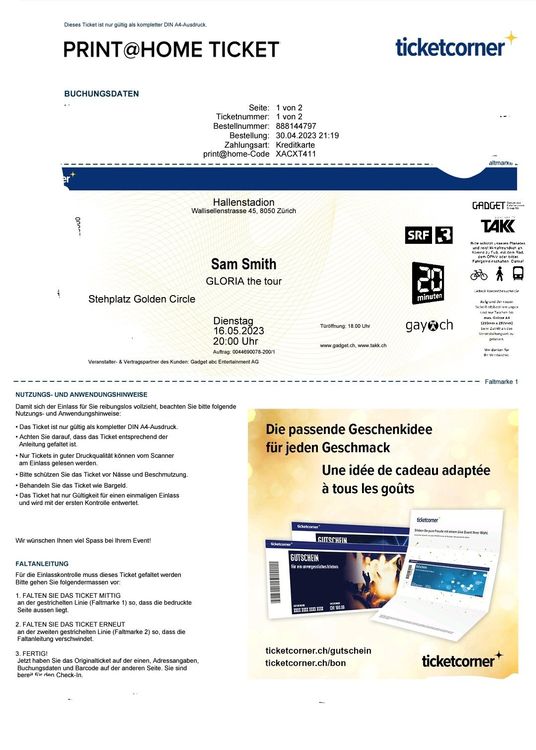 2x Golden Circle Tickets Sam Smith - The Gloria Tour (Neu (gemäss Beschreibung)) in Hausen AG ...