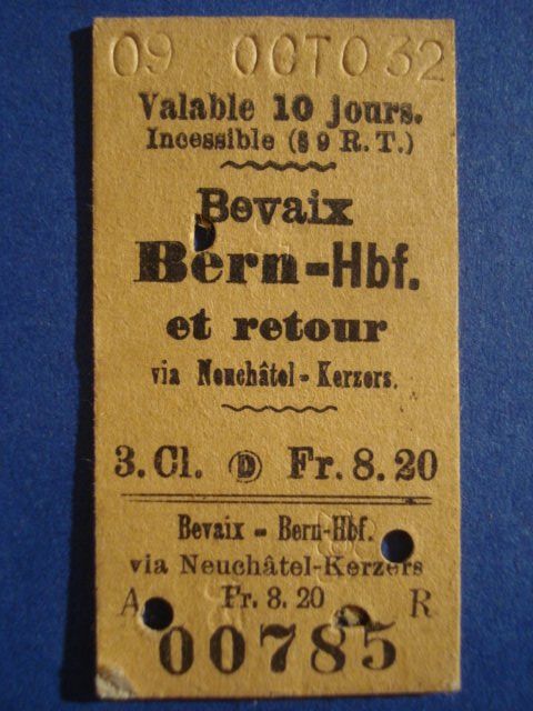 SBB - 9.10.1932 - BEVAIX - BERN-Hbf. - 3.Classe (Gebraucht) in Biel/Bienne für CHF 22 – mit ...