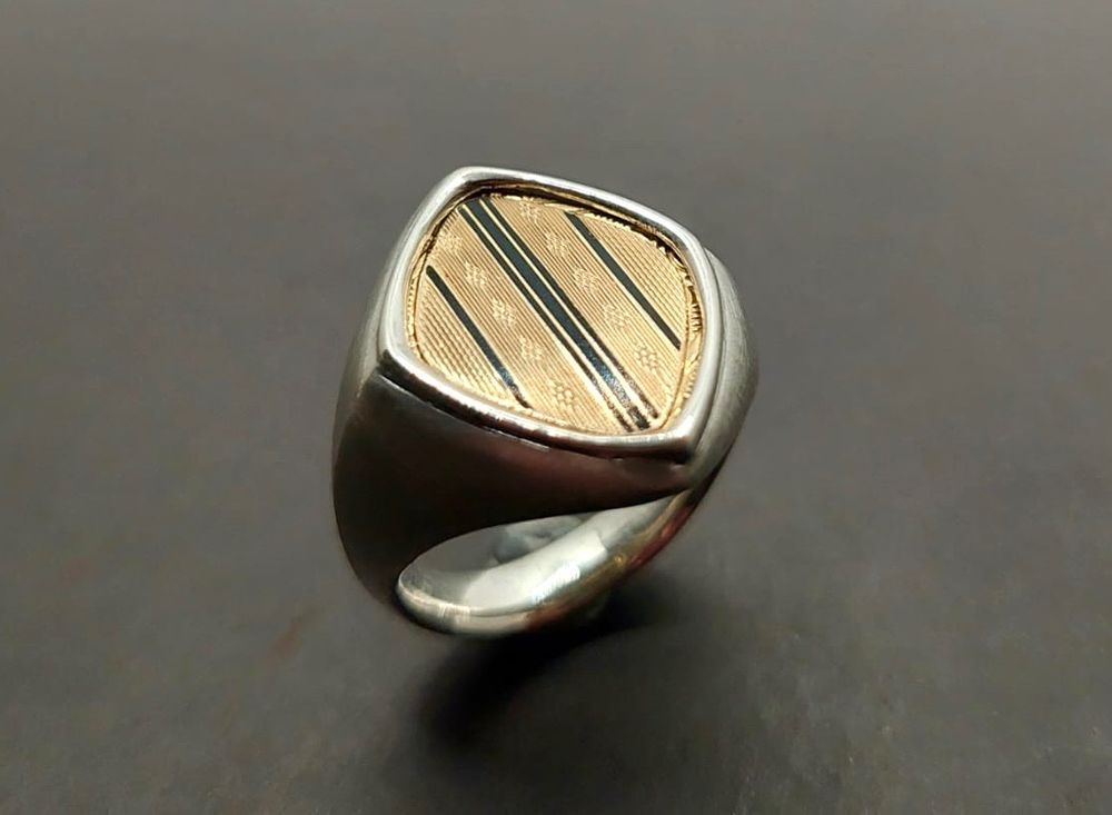 Art Déco Ring mit Emaille Guilloche Gelbgold 750 und Silber (Neu ...