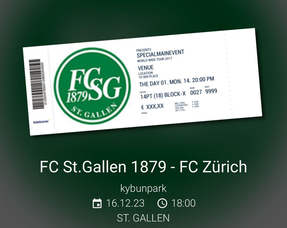 Ticket FC St.Gallen - FC Zürich 16.12.23 (Neu (gemäss Beschreibung)) in Ramsen für CHF 48 – nur ...