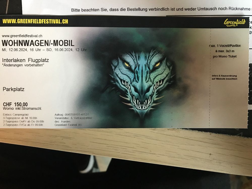 WoMo Ticket Greenfield 2024 (Gebraucht) in Aarau für CHF 100 – mit Lieferung auf Ricardo kaufen