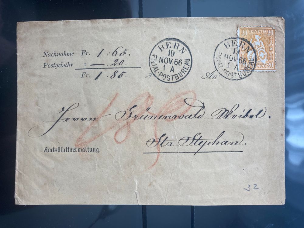 Schweiz 1866 Brief sitzende Helvetia 20 Rp. Bern St.Stephan (Gebraucht) in Liestal für CHF 10 ...