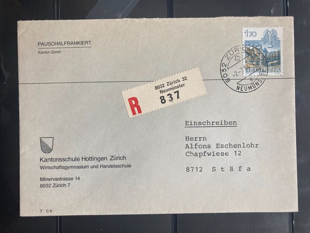 Schweiz 1984 R-Brief 1.7 Fr. Krebs 8032 Zürich 32 Neumünster | Kaufen auf Ricardo