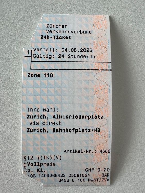 Zürich ZVV 24h Ticket Zone 110 - gültig bis 04.08.2026 (Neu (gemäss ...