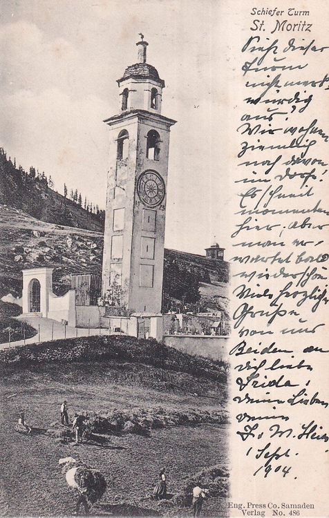 St. Moritz GR - Heuernte beim Schiefen Turm um 1904 (Gebraucht) in Niedergesteln für CHF 6 – mit ...
