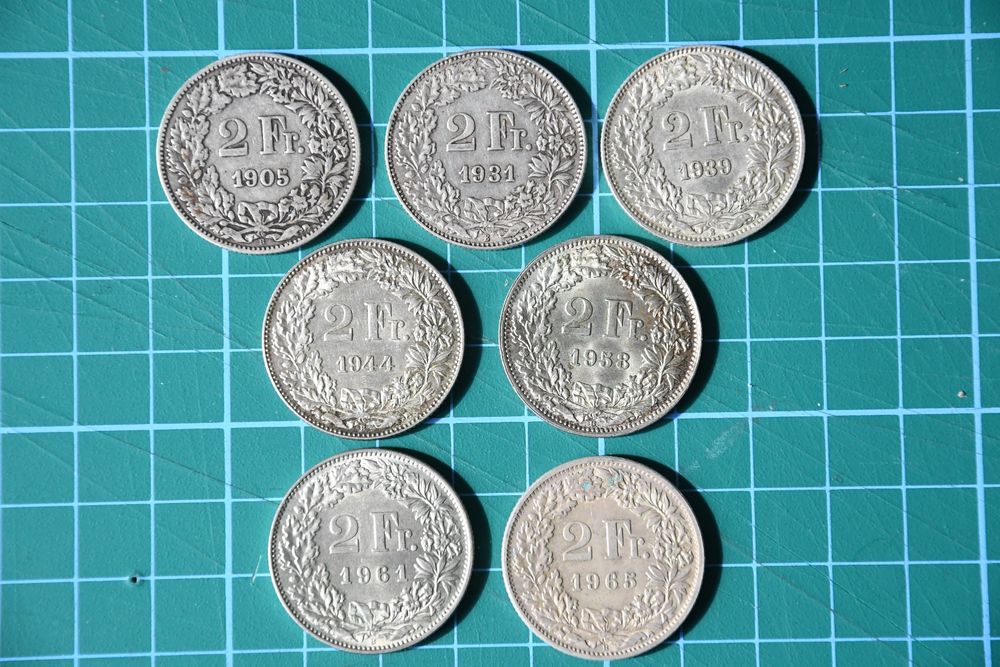 7 Silbermünzen 2 Fr. Helvetia + Jahrgang 1905-1965 (Gebraucht) in Olten für CHF 51 – mit ...