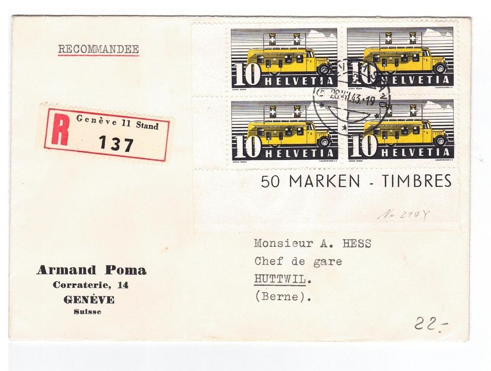 Einschreibebrief Geneve-Huttwil mit Viererblock SBK Nr. 210y (Gebraucht) in Büetigen für CHF 5 ...