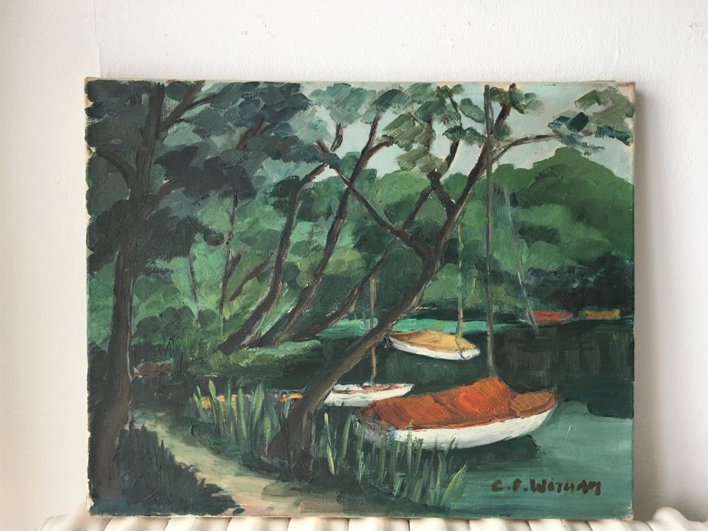 Interesante Oel Bild & Leinwand Signiert Boote im Fluss, (Gebraucht) in Zürich für CHF 10 – mit ...