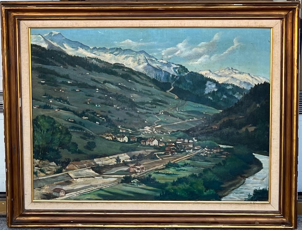 Antike Grosse Berglandschaft, Dorf Ansicht Gemälde | Kaufen auf Ricardo