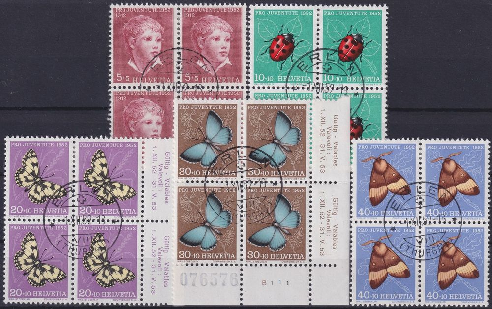 1952, PJ J143-147 Serie Viererblöcke aus Erlen ET, SBK:100.- (Gebraucht) in Sursee für CHF 19.9 ...
