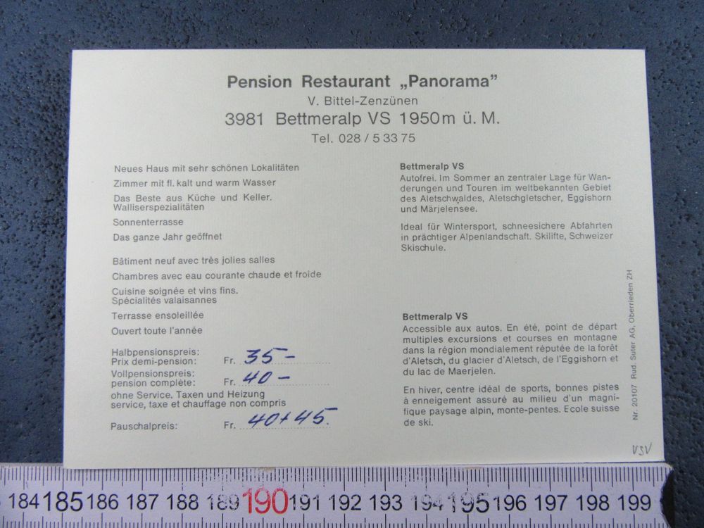 BETTMERALP PENSION RESTAURANT "PANORAMA" VS AK (Gebraucht) in Ettingen ...