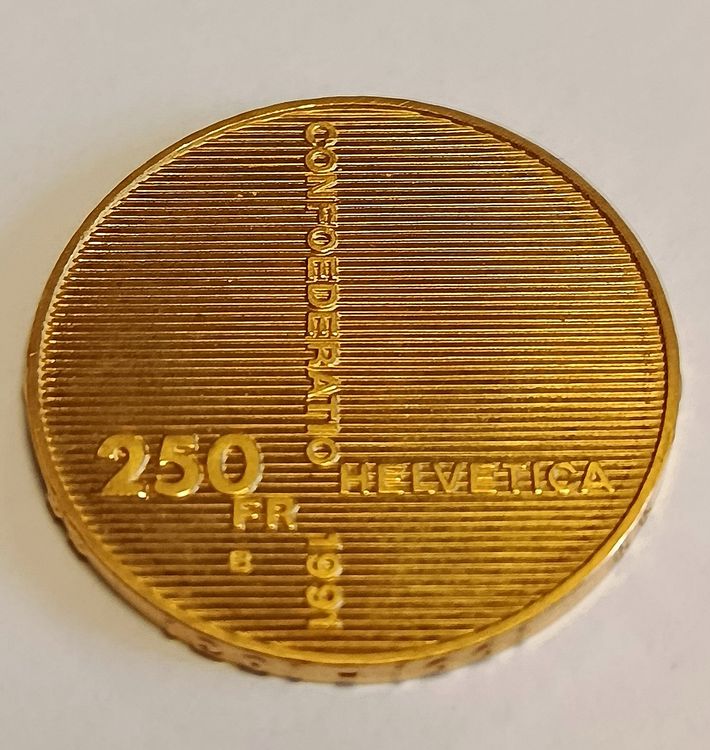 250 Fr. Goldmünze 1991 mit Strich (statt Verteilt-Zeichen) (Gebraucht ...