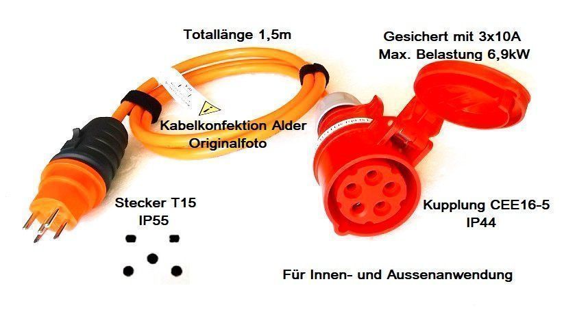 5m Stromadapter T15 IP55 auf CEE16-5 gesichert (Neu und ...