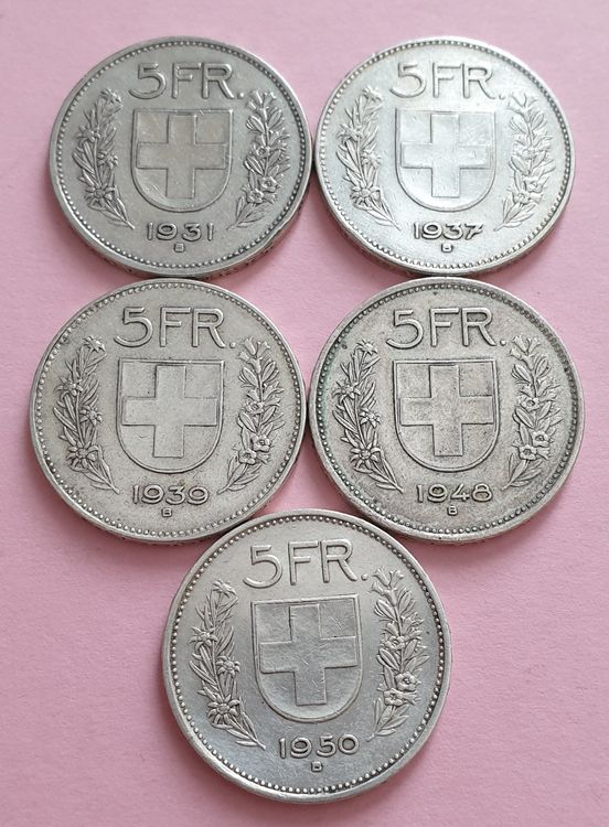 5 X 5 FRANKEN SILBERMÜNZEN 1931 - 1950 SEHR SCHÖN (Gebraucht) in Siglistorf für CHF 58 – mit ...