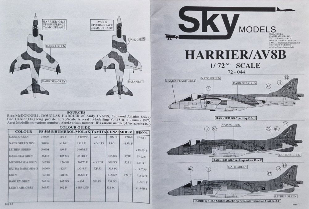 Original SKY Models Decal Set Aviatik Harrier AV8B 1/72 | Kaufen auf ...