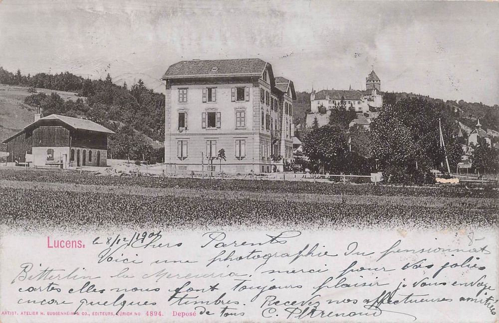 Lucens (VD) – Ansicht des Pensionnat Batterlin mit Schloss (Usato) a ...