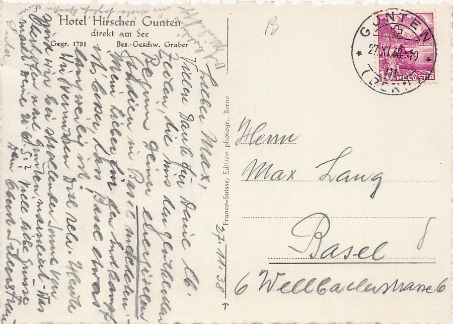 Gunten, Hotel Hirschen, Bes. Geschw. Graber, gelaufen 1938 (Gebraucht ...