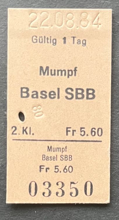 Mumpf Basel SBB/ Billett 1984 | Kaufen auf Ricardo